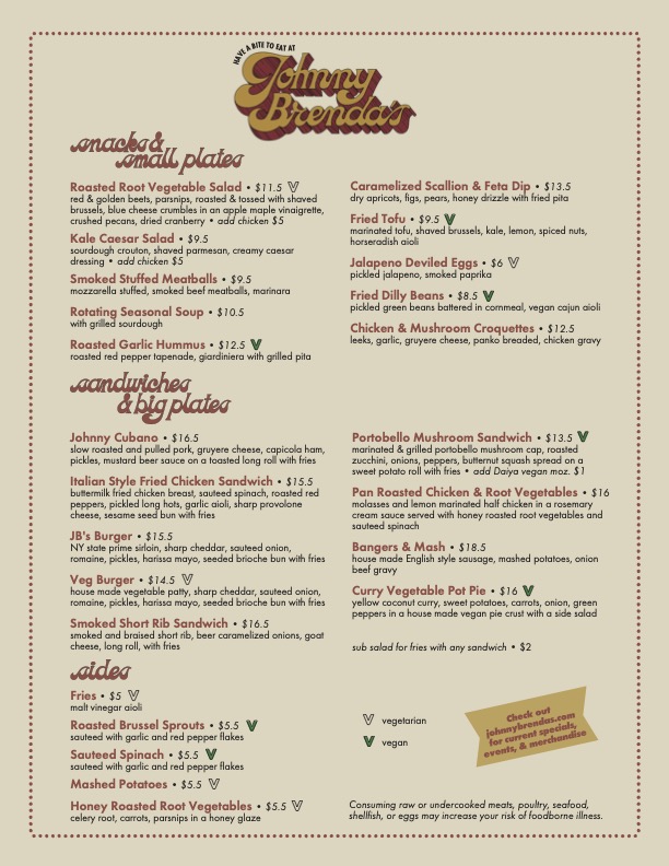 Menu | Johnny Brenda's